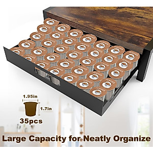 waaliji Coffee Mug Holder for Countertop, Coffee Pod Drawer Tray Station with 6 Hooks and 35 Capsules Capacity, Rustic Wood Cup Hanger Organizer for Kitchen Coffee Bar, Black