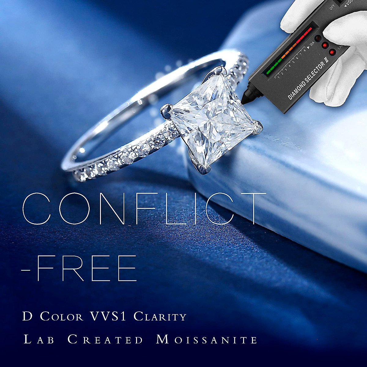 MOOSEA Princess Cut Engagement Ring for Women, 1.5ct D Color VVS1 Clarity Lab Created Diamond Rings 14K White Gold Vermeil V Setting Moissanite Promise Rings for Her Jewelry Gifts