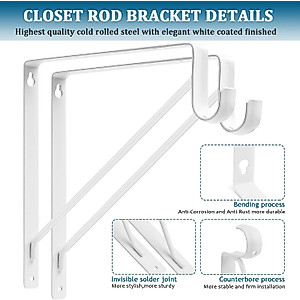 6PCS Heavy Duty White Closet Rod Brackets 11 x 11 Inch,1-3/8Inch Diameter Shelf and Rod Bracket Holder for Home and Closet Decor, Wall Mount Closet Pole Supports Bracket Hook with Screws