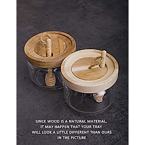 Honey Jar Pot Glass Holder Dispenser Set with Wooden Dipper Stick and Acacia Lid Cover for Home Kitchen, Clear, Modern Honey Syrup Glass Container for Storage Gift, Honey Pot and Drizzler (9 Oz)