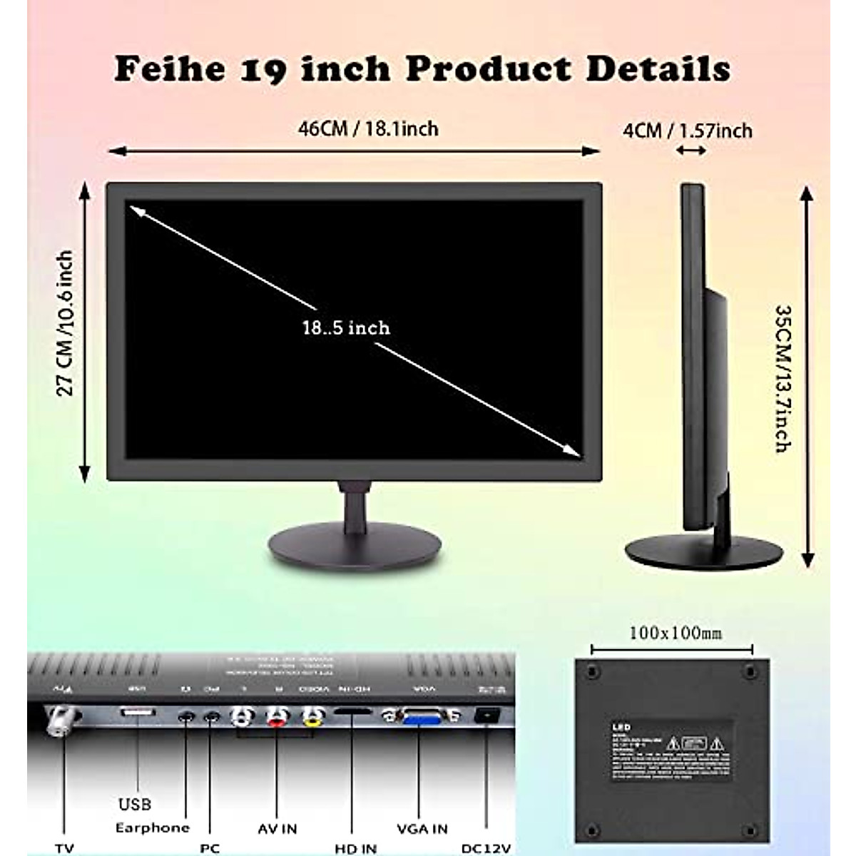Feihe 19 Inch TV, FHD LED Flat Screen TV 1920 x 1080p IPS Display w/Digital Dual Tuners ATSC/HDMI/VGA/AV/USB, 12 Volt RV TV Built in Dual Speakers Suitable for Kitchen/RV/Caravan and Boat