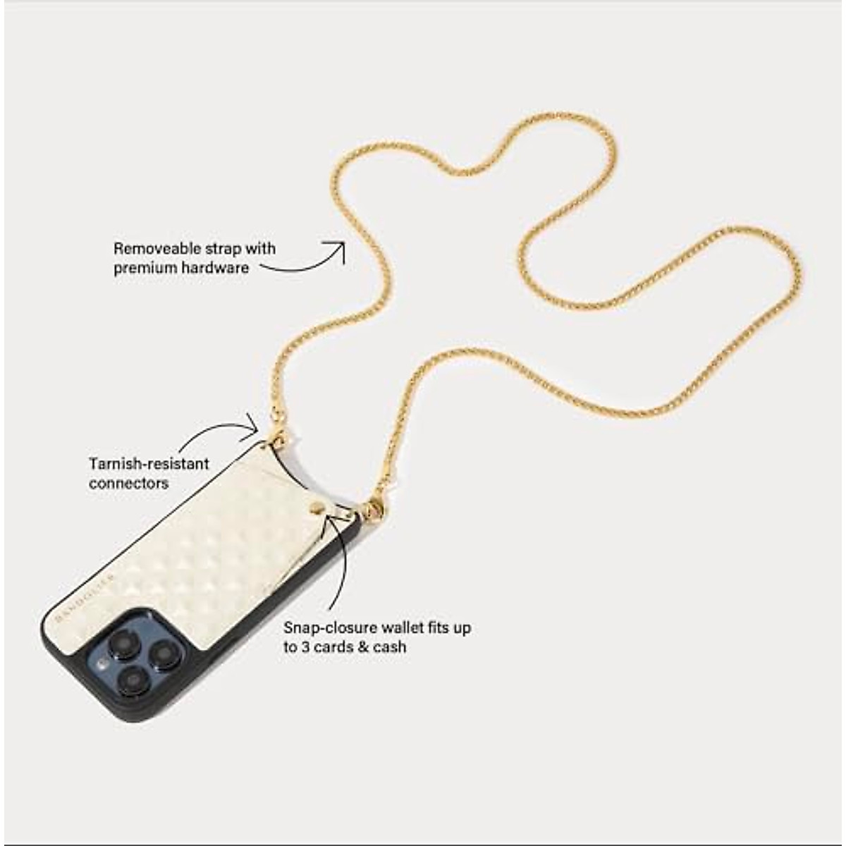 Bandolier Sheila Crossbody Phone Case and Wallet for iPhone 14 - Pyramid Studded Creme Vegan Leather with Gold Detail