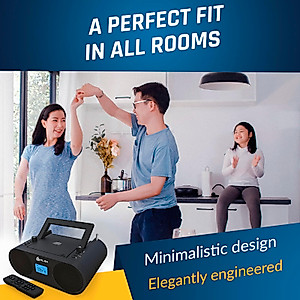 KLIM® Boombox B4 CD Player Portable Audio System - New 2024 - AM/FM Radio with CD Player MP3 Bluetooth AUX USB - Wired & Wireless Mode Rechargeable Battery - Remote Control Autosleep Digital EQ