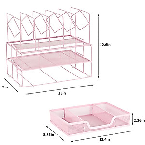 Becomrock Desk Organizers and Accessories, Office Supplies Desktop Organizer, Desk File Organizer with Sliding Drawer, Dual Tray and 5 Upright Section, File Folder Holder for Desk (Black)