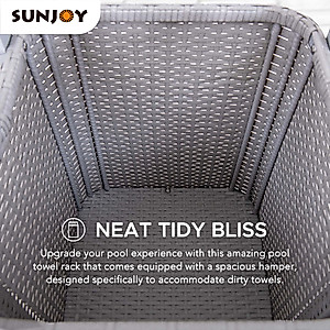 Sunjoy Aluminum Frame Pool Towel Valet Tower with 2-tier Shelves And A Large All-Weather Wicker Storage Basket for Dirty Towels, Grey