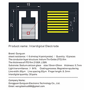 Qunguan IDE（Interdigital Electrode) on ito Glass 80μm Indium-Tin-Oxide Film Superpolar Conductivity Transparent Biosensor Medical Chemical Optical Sensor Chip (15mm×20mm, 12 pcs)