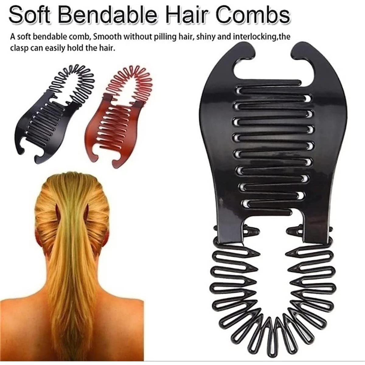 3Pcs Banana Hair Clips for Women - Banana Hair Clips, Banana Clips Hair for Fine Hair, Soft Bendable Hair Combs, Banana Clips Hair for Thick Hair (Brown+Black+White)