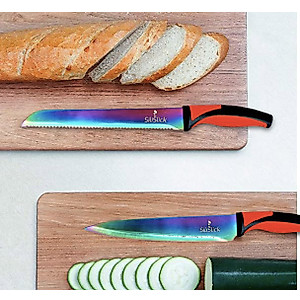 SiliSlick Kitchen Knife Set Professional, Titanium Coated Stainless Steel Blades, Dishwasher Safe, Safety Sheaths, 5 Knives