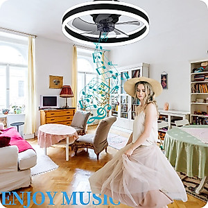 DewShrimp Flush Mount Ceiling Fan with Lights - Bladeless, Bluetooth Speaker, App & Remote Control, Quiet, Low Profile, LED, Stepless Dimming, 3 Colors, 6 Speeds, Reversible, 19.7in