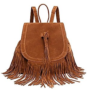 Donalworld Women Tassel Backpack Book Travel Drawstring PU Leather Bag Brown