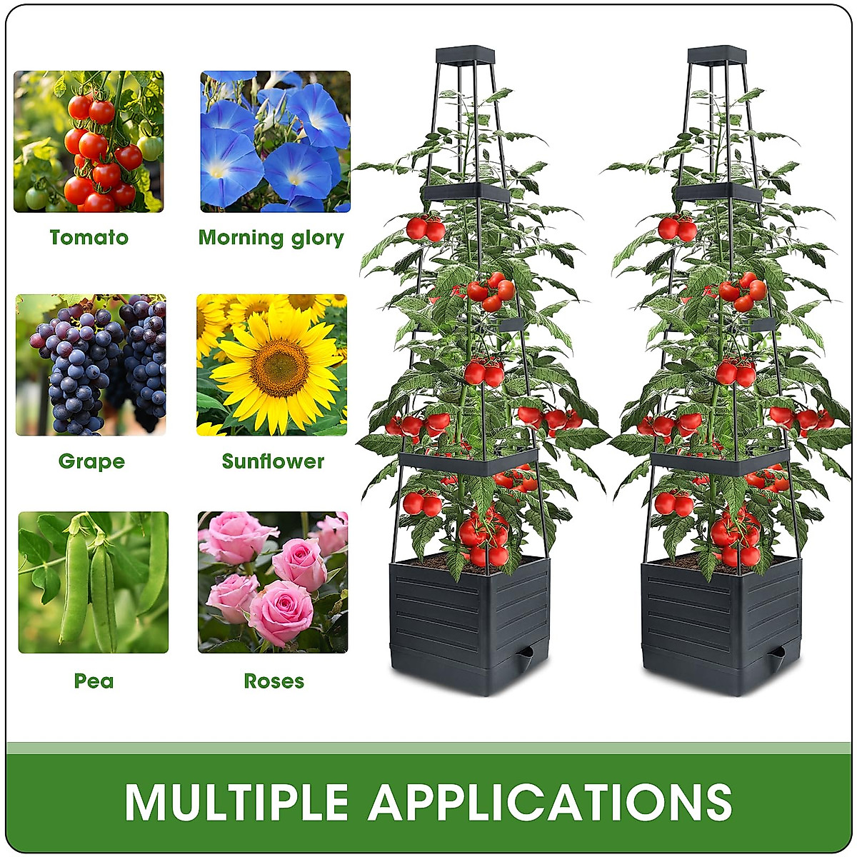 MQFORU 2 Packs Tomato Planter with Trellis, 57" Raised Garden Bed Planters Box for Climbing Vegetables Plant, Self Watering Tomato Cages for Garden Pots for Patio Greenhouse Indoor Outdoor（2PCS）