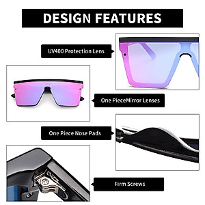 JIM HALO Flat Top Shield Sunglasses Square Mirror Rimless Glasses for Women Men (Black Frame/Mirror Purple Lens)