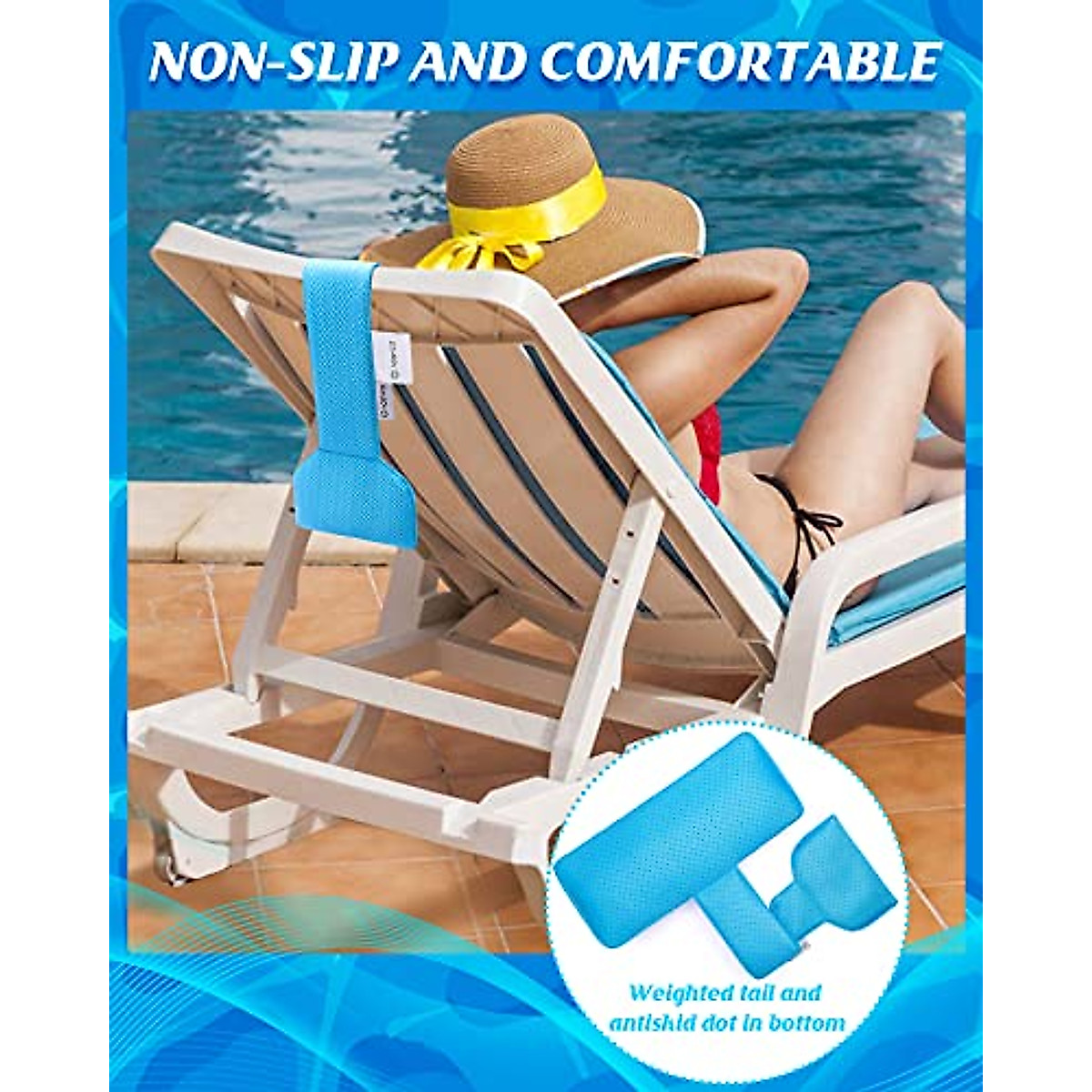 AOSYCO Headrest Pillow for Patio Chaise Lounge, Spa Pillow for Adult with Non-Slip Weighted Tail, Outdoor Cushion All Weather Sunbathing Swing Pool Furniture, Quick Drying