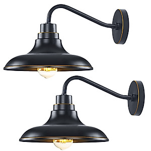 Outdoor Gooseneck Barn Light Fixture 2 Packs - Farmhouse Porch Lights, Vintage Indoor Black Wall Sconce, Outside Lights For House Garage Patio, Exterior Wall Lantern with 10.43", IP65 Waterproof