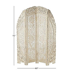 Deco 79 Wood Floral Handmade Hinged Foldable Arched Partition 4 Panel Room Divider Screen with Intricately Carved Designs, 60" L x 2 "W x 72"H, White