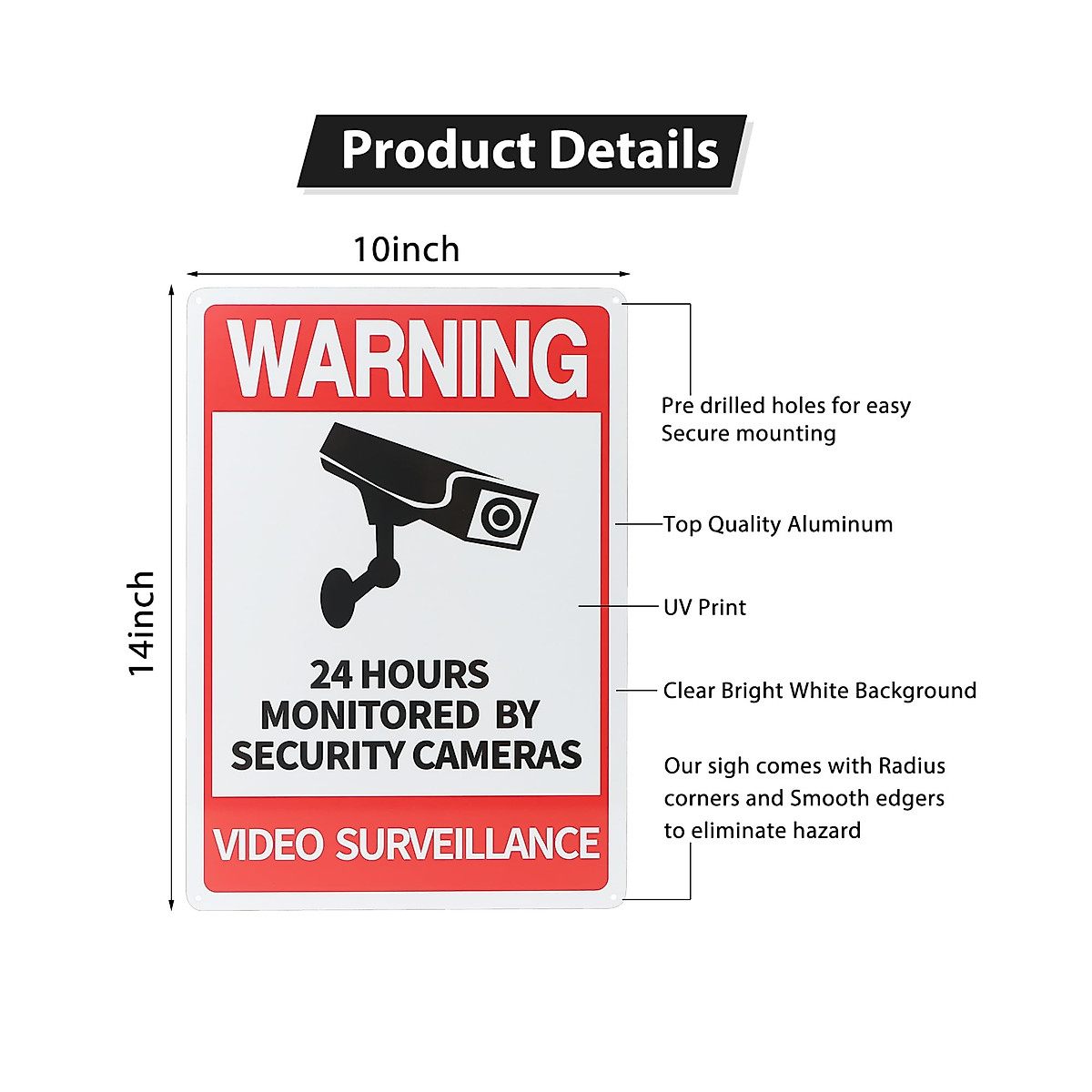 Thten 24 Hour Video Surveillance Sign, 14"×10" Security Camera Sign Warning for CCTV Recording System,Indoor Or Outdoor Use for Home Yard Business 2 Pack