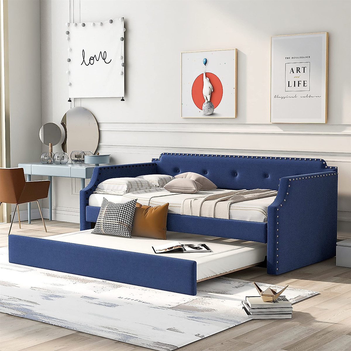 Harper & Bright Designs Twin Size Upholstered Daybed with Trundle, Upholstered Daybed Sofa Bed Frame for Living Room Bedroom, Blue