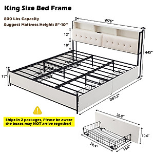 RedLemon King Size Bed Frame with Upholstered Headboard, Modern Farmhouse Wood Metal Platform Bed with Storage Drawers, Charging Station and LED, No Box Spring Needed, Antique White