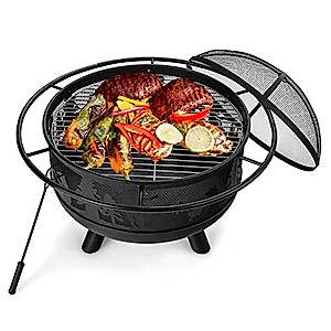Tangkula Outdoor Wood Burning Fire Pit, 30 Inch Round Fire Pit Bowl w/Fire Poker, Grill & Spark Screen, 2-in-1 Powder-Coated Steel Firepit for Patio, Backyard, Barbecue, Bonfire (Black)