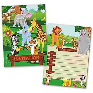 Leigha Marina Jungle Animals Party Invitation Cards for Kids, 20 Invites & 20 Envelopes - Fill in the Blank Greeting Notes - Multi-Use, Birthday, Themed Celebration