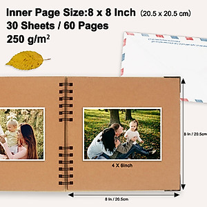 Scrapbook Album, 8 x 8 Inch Scrap book, 60 Brown Blank Pages Scrapbooks, Hardcover Photo Album Scrapbook, Kraft Paper Memory Book, Traveling, Birthday & Holiday Gifts.
