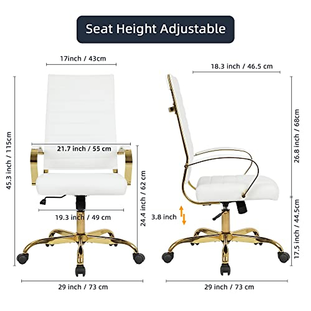 LANDSUN Home Office Chair High Back Executive Chair Ribbed PU Leather Computer Desk Chair with Armrests Soft Padded Adjustable Height Swivel Conference Gold Frame White
