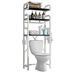 Gyfimoie Over The Toilet Storage Shelf, 3-Tier Metal Bathroom Organizer Rack, Modern Freestanding Space Saver with Adjustable Bottom Bar,4 Hooks & Paper Holder for Laundry Bathroom Balcony