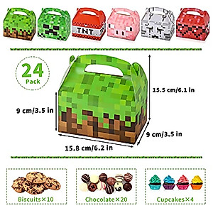 Gatherfun Miner Pixel Style Treat Boxes 24 Pieces Candy Gable Boxes Goodies Boxes Cardboard Present Boxes with Handles for Pixel Birthday Game Party Favors, 6 x 3.5 x 3.5 Inches, 6 Designs