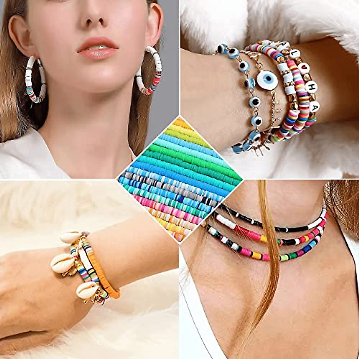 5310 Pcs Clay Beads 6mm 24 Colors Flat Round Polymer Clay Spacer Beads Heishi Beads Kit with 260 Pcs Letter Beads 240 Pcs Pendants and 4 Roll Elastic Strings for DIY Jewelry Making Bracelets Necklace