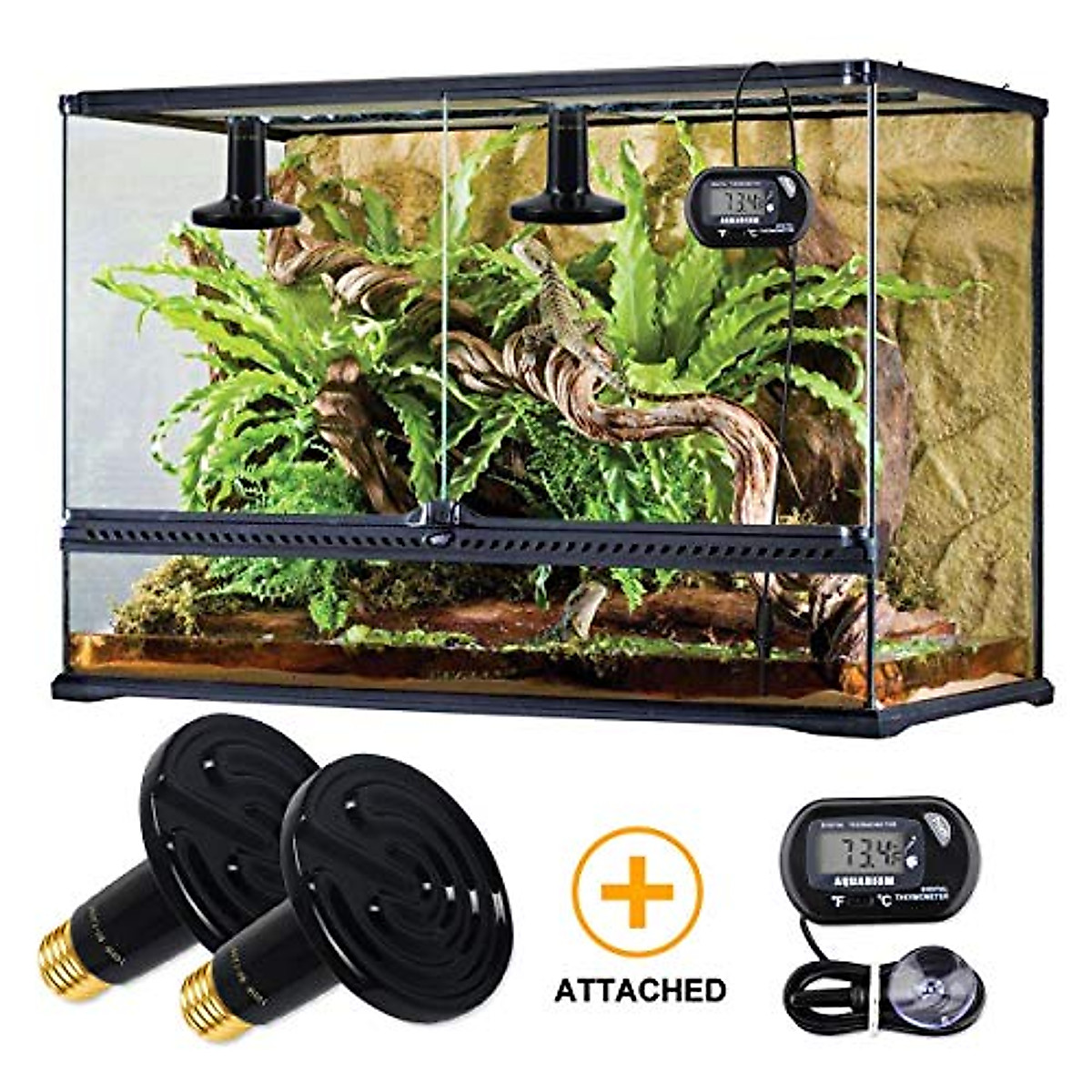 2-Pack 100W Ceramic Heat Lamp with 1-pcs Digital-Thermometer, Infrared Heat Emitter Bulbs for Reptiles, Amphibians, Chicken Brooder Coop Lizard Turtle Snake Aquarium, No Light No Harm, ETL Listed