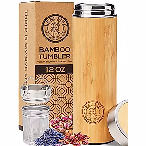 LeafLife Sustainable Bamboo Tumbler with Tea Infuser & Strainer 12oz - Keeps Liquid Hot & Cold for 12 Hrs - Vacuum Insulated Stainless Steel Travel Mug - Infuser Bottle for Loose Leaf Tea & Coffee