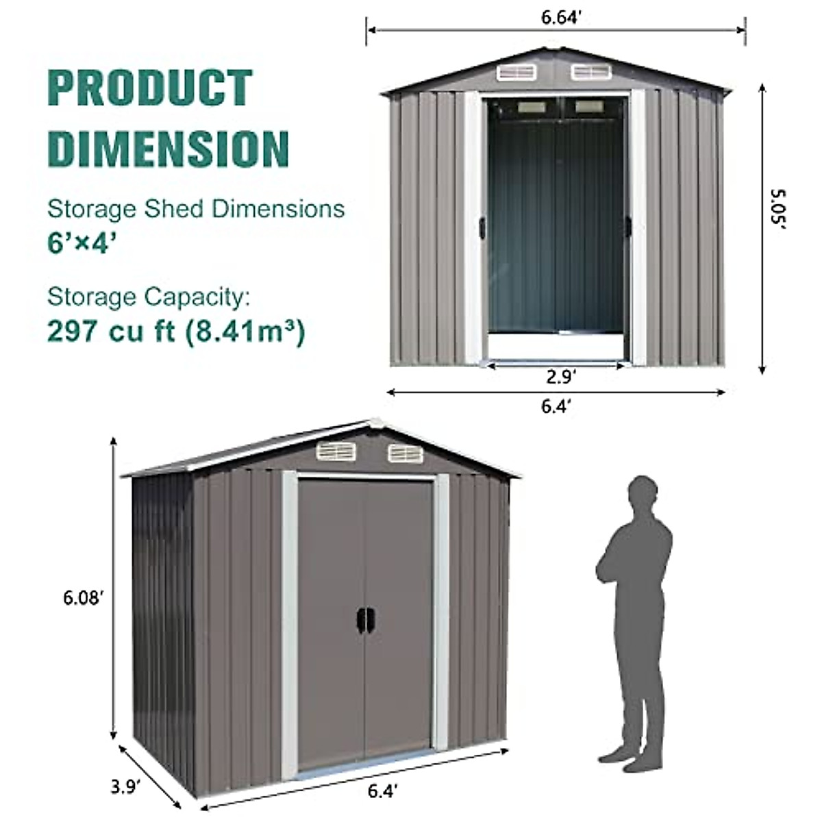 Steel Garden Storage Shed 6' x 4' - Utility Tool House with Vents Garden Storage House Metal Shed for Patio (Grey)