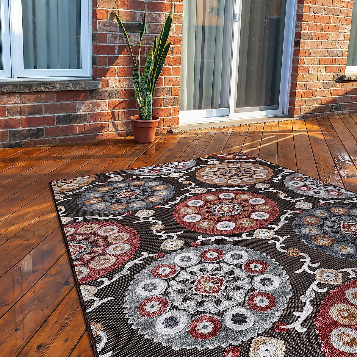 CAMILSON Indoor/Outdoor Rug 9x12 Bohemian Medallion Floral Area Rugs for Indoor and Outdoor Patios Easy-Cleaning Non-Shedding Living Room Garden and Kitchen Washable Outside Carpet (9 x 12 / Brown)