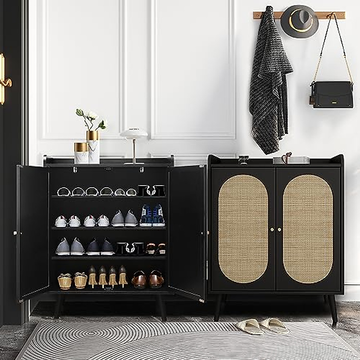 Rattan Sideboard Buffet Cabinet, Accent Storage Cabinet with Handmade Natural Rattan Doors, Free Standing Shoe Rack with Rattan Doors, Natural Rattan Shoe Cabinet Organizer for Bedroom (Black)