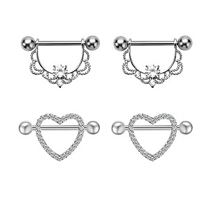 NASAMA Stainless Steel Acrylic Nipple Rings Tongue Ring CZ Barbell Heart-Shape Piercing Body Jewelry (6pair Steel color)