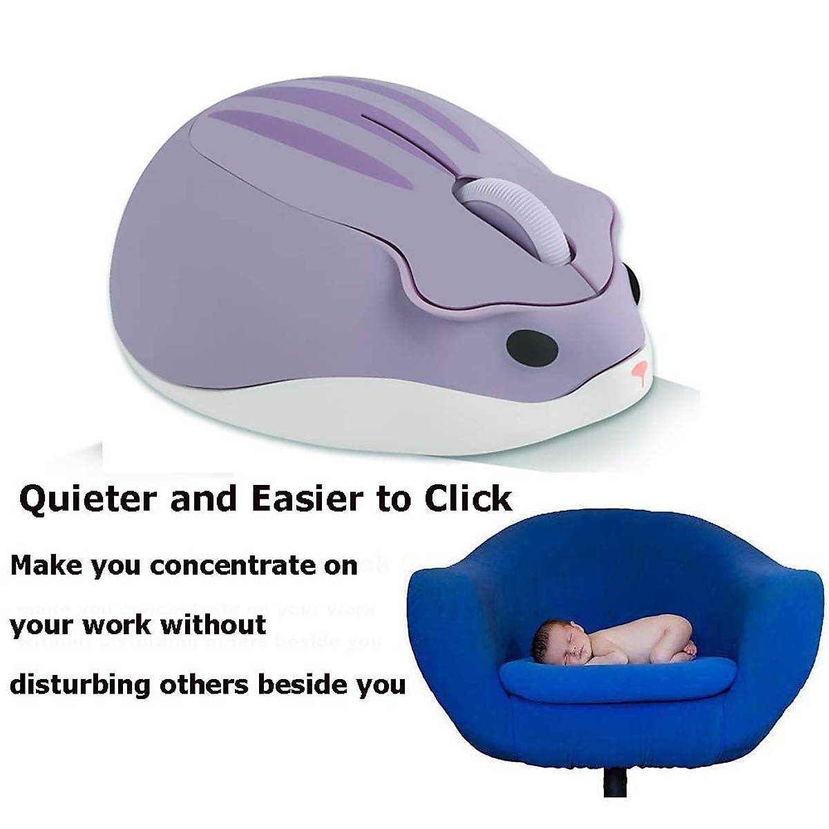 2.4GHz Wireless Cute Hamster Shape Less Noice Portable Mobile Optical 1200DPI USB Mice Cordless Mouse for PC Laptop Computer Notebook MacBook Kids Girl Gift (Purple)