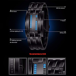 FANMIS Creative Binary Matrix Blue LED Digital Waterproof Watch Mens Classic Creative Fashion Black Plated Wrist Watches (Black)