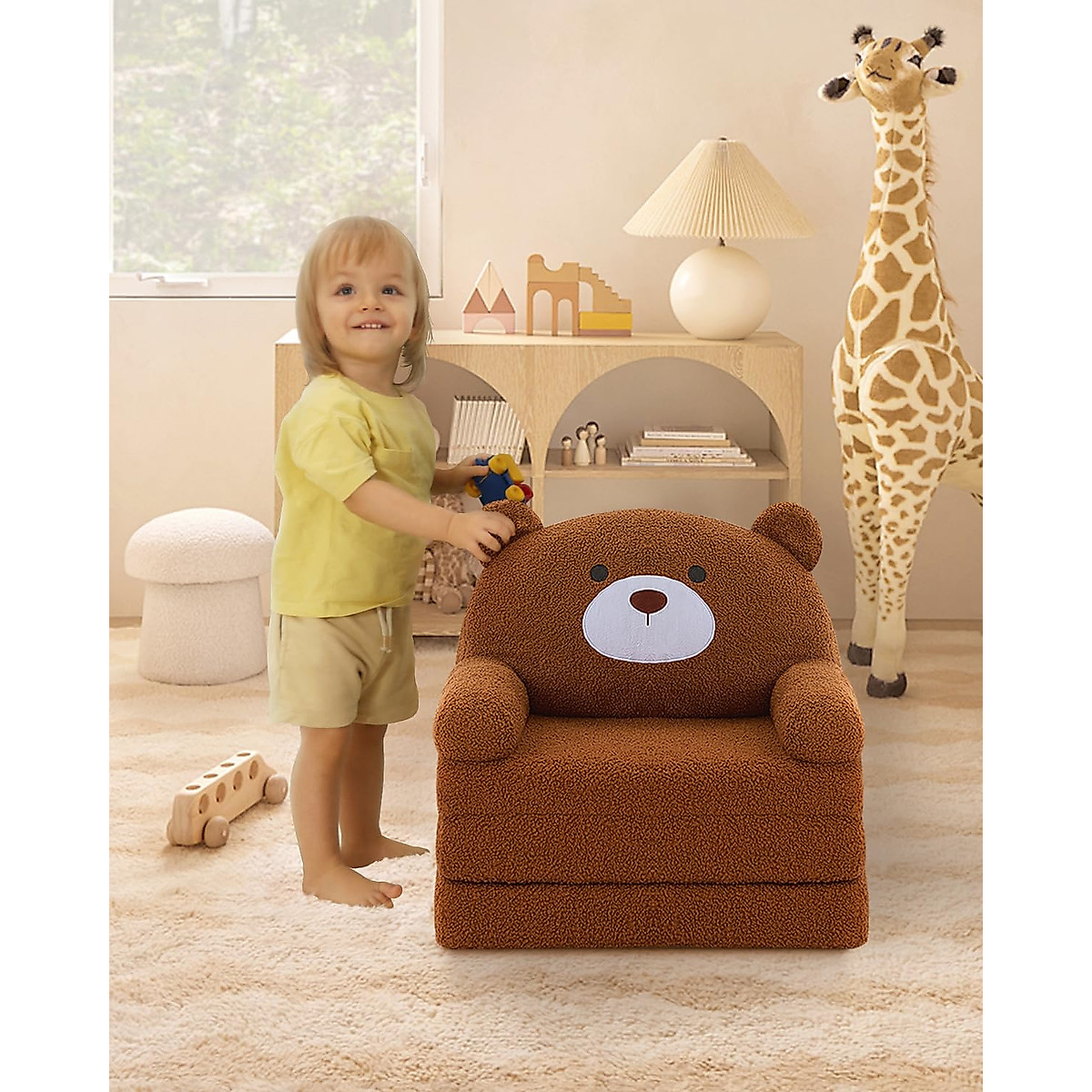 MOONBEEKI Comfy Toddler Chair, Kids Couch Fold Out to Lounger, Foldable Baby Sofa Plush for Girl and Boy Age 18 Months and Up （ Brown Bear）