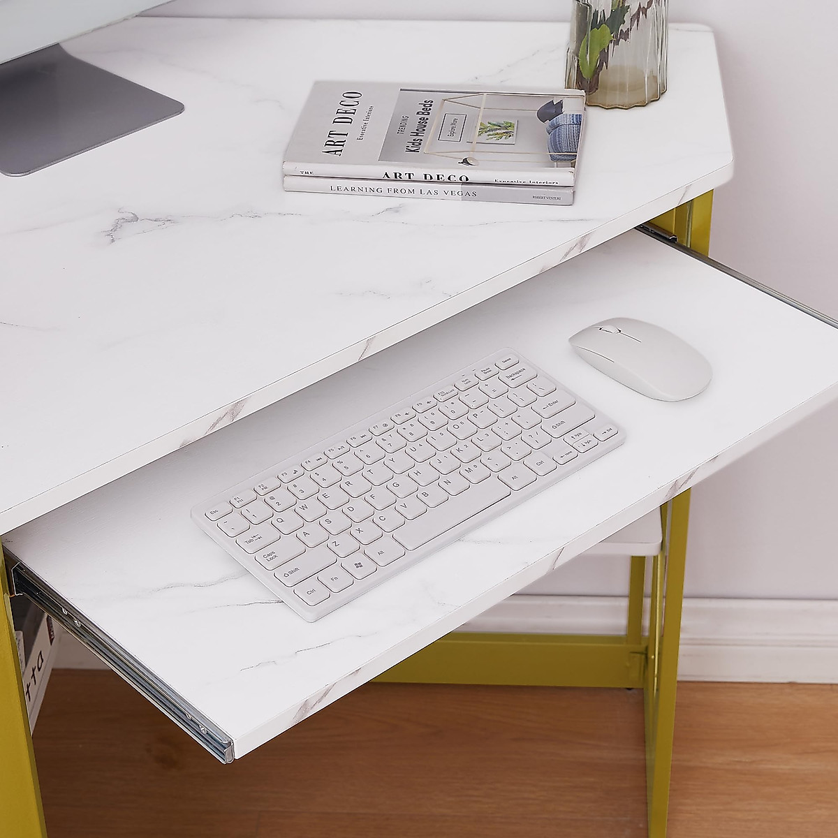 VECELO Corner Desk Computer Desk Writing Table with Smooth Keyboard Tray & Storage Shelves,Compact Home Office Triangle Table,Gold & White