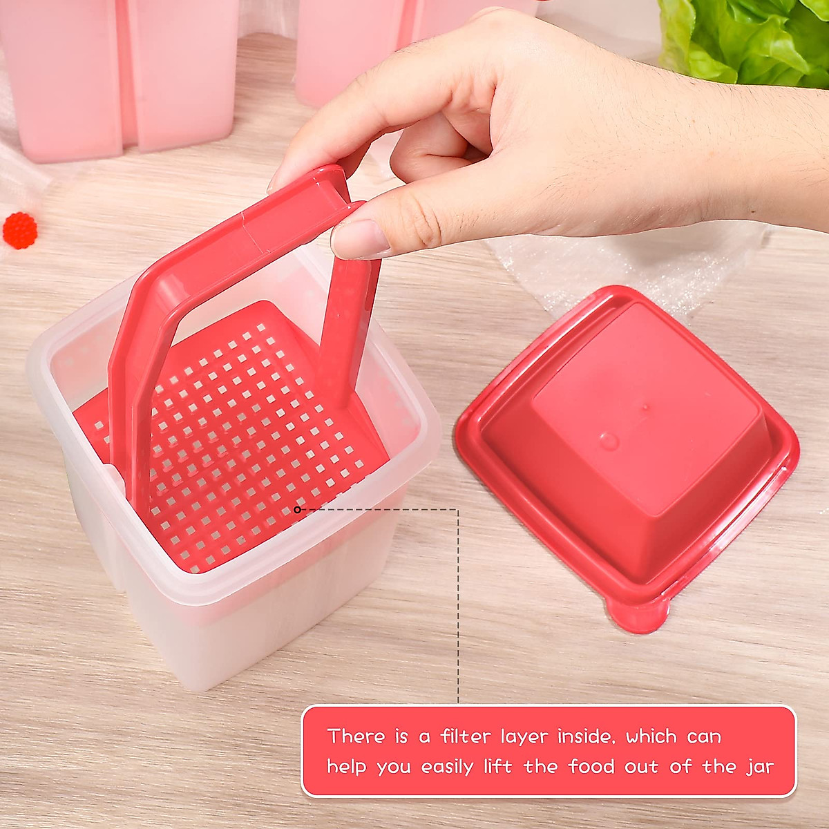 CHENGU 6 Pack Pickle Container with Strainer Jalapeno Storage Container Plastic Pickle Jar Containers Large Pickle Keeper Pickled Food Container for Home Kitchen Supplies (Red, Green, Blue)