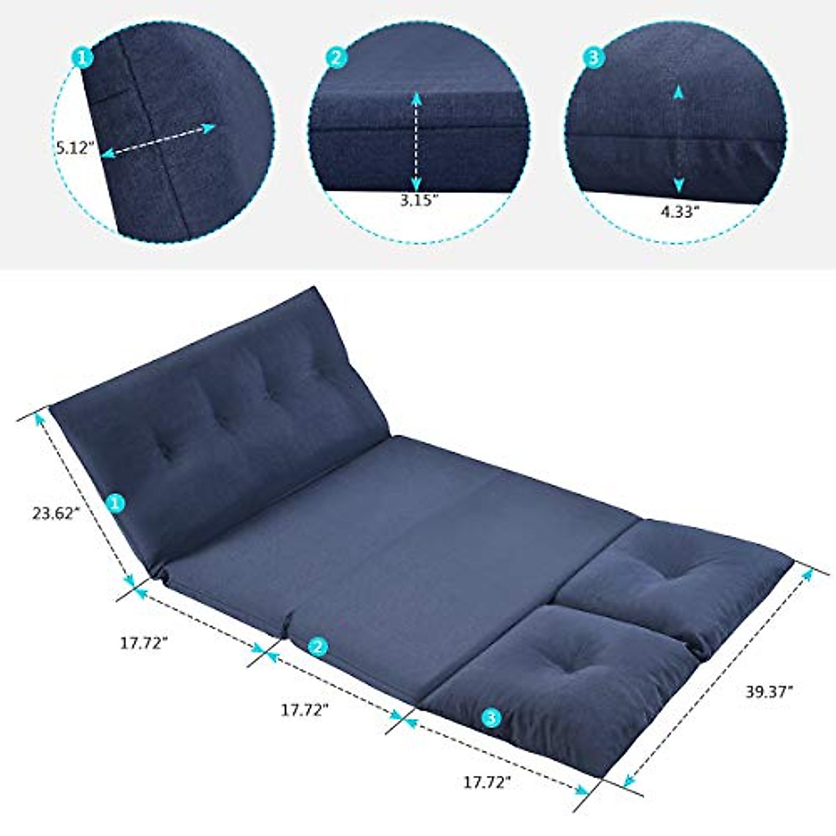 DANGRUUT Upgraded Version Adjustable Floor Couch Floor Sofa Bed with 5 Adjustable Reclining Position, Foldable Japanese Floor Futon, Lazy Lounge Couch for Living Room, Bedroom (Navy)