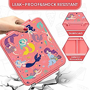 MAISON HUIS Bento Lunch Box for Kids With 8oz Soup Thermo, Leakproof Lunch Compartment Containers with 4 Compartment Bento Box, Thermo Food Jar and Lunch Bag, BPA Free,Travel, School(Mermaid)