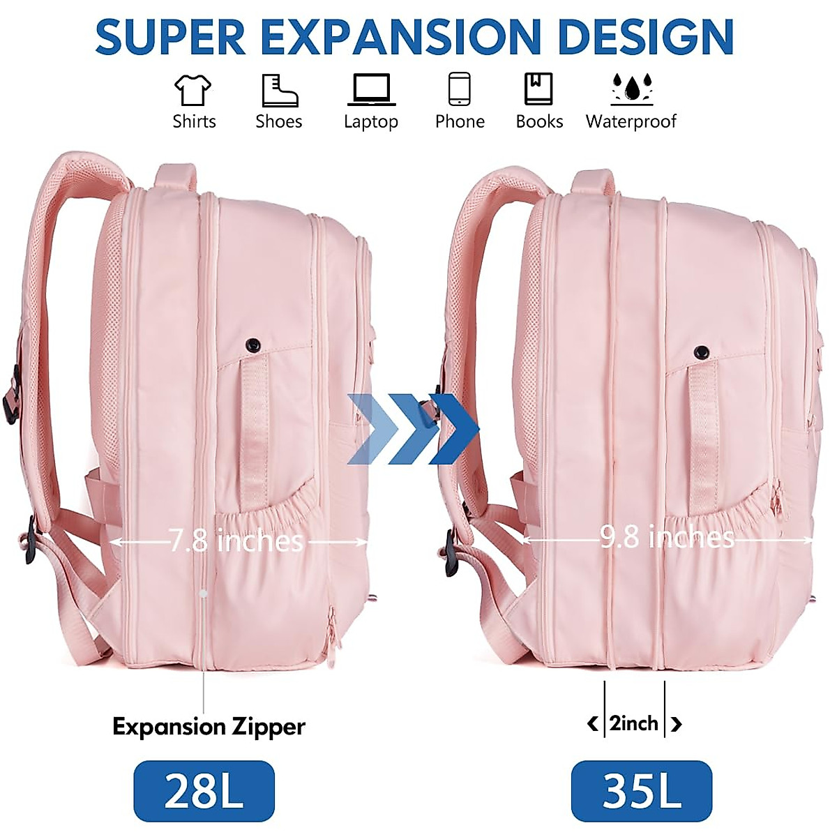 COW STAUNCH Travel Backpack for Women, 35L Flight Approved Carry On Backpack, Expandable Luggage Personal Item Backpack, 15.6 Inch Lightweight Business College Laptop Daypack, Pink