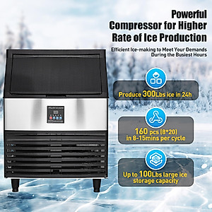 Commercial Ice Maker Machine 300lbs/24H, with 100lbs Ice Storage Capacity, Under Counter Stainless Steel Ice Machine, Self Cleaning, Freestanding Industrial Ice Maker with Ice Scoop, Self-Cleaning