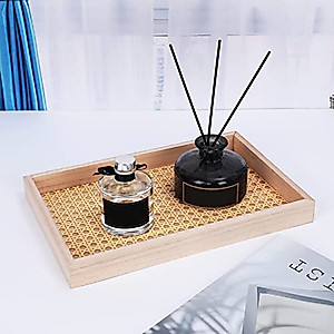 15 x 10 in Rectangle Decorative Tray with Imitated Rattan Handmade, Ottoman Tray, Boho Serving Tray, Basket Serving Tray with Wooden Frame for Coffee, Breakfast, Food, Drink