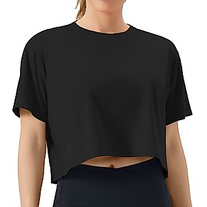 THE GYM PEOPLE Women's Workout Crop Top T-shirt Short Sleeve Boxy Yoga Running Cropped Basic Tee Black