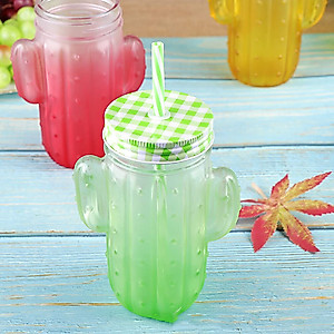 SEWACC 2 Sets Cactus Drinking Glasses Plant Shape Glass Straw Cup Creative Cute Shot Glasses Water Cups Iced Coffee Cup Wide Mouth Bubble Cups for Cocktail Beverage 400ML