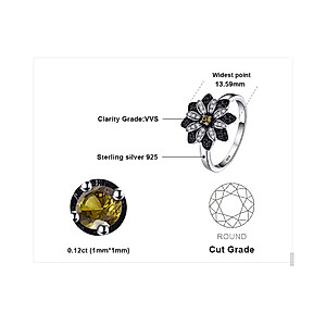 JewelryPalace Daisy Flower Sunflower Genuine Natural Smoky Quartz Black Spinel Cocktail Rings for Women, 14K White Gold Plated 925 Sterling Silver Rings for Her, Natural Gemstone Jewelry Sets 6