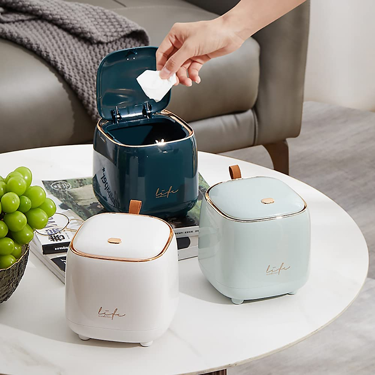 Thawella Mini Countertop Trash Can, 3L Capacity, Dark Green, Press Type, Removable Lid, Small Garbage Cans, Desktop Trash Can for Home, Office and Dressing Table