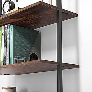 Wakefit Ladder Shelf Industrial Bookshelf, 5-Tier Ladder Bookshelf with Metal and Wood, Wall Mounted Modern Bookcase Display Shelf Organizer for Home Office, Bedroom and Living Room, Dark Walnut